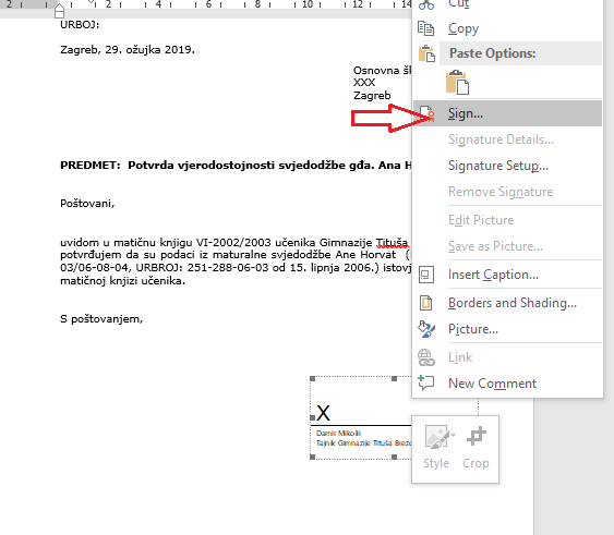 Elektronički potpis | Tajnik škole